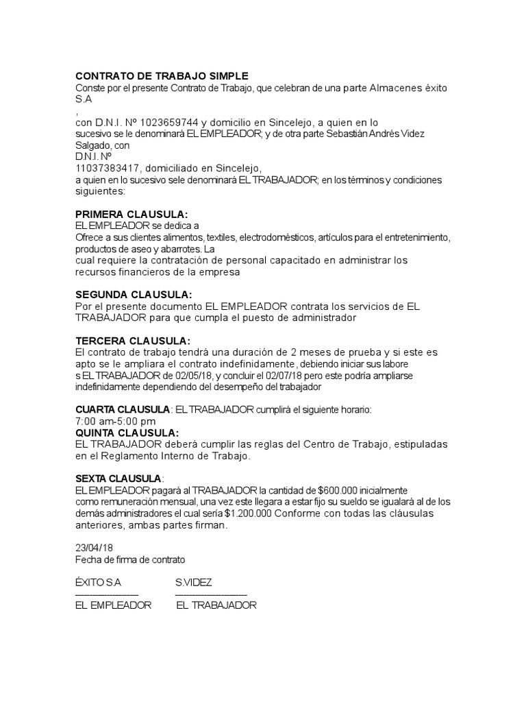 Contrato de Trabajo Simple | PDF | Derecho