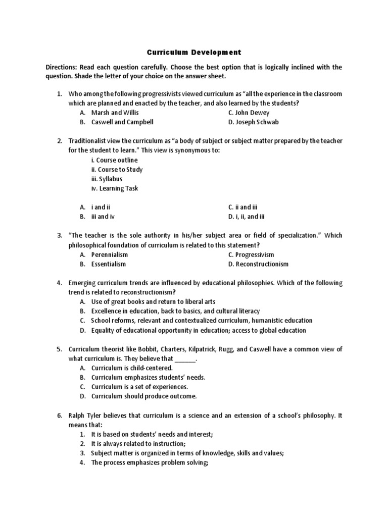 Curriculum Development Exam Questions | PDF | Curriculum | Philosophy ...