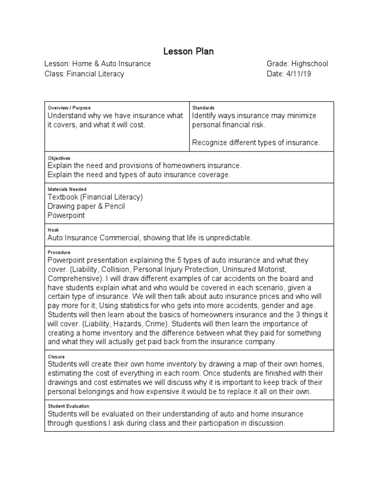 Home & Auto Insurance Lesson Plan | PDF | Career & Growth