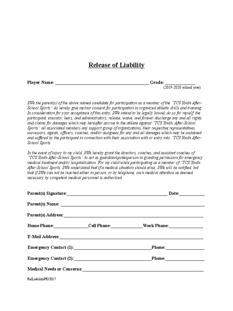 TCS Youth Sports Liability Release Form | PDF | Career & Growth ...