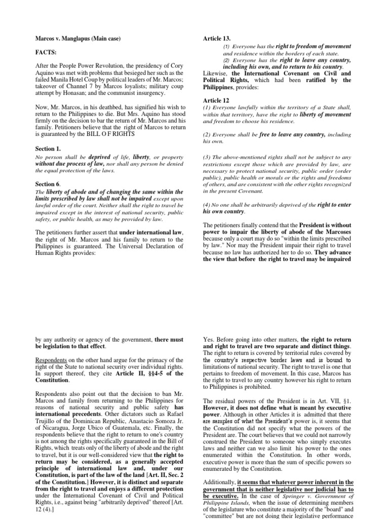 Marcos v. Manglapus: Right to Return Debate | PDF | Freedom Of Movement ...