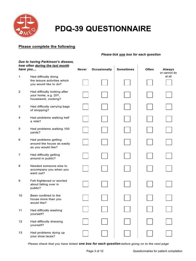 Pdq-39 Questionnaire: Please Complete The Following | Download Free PDF ...
