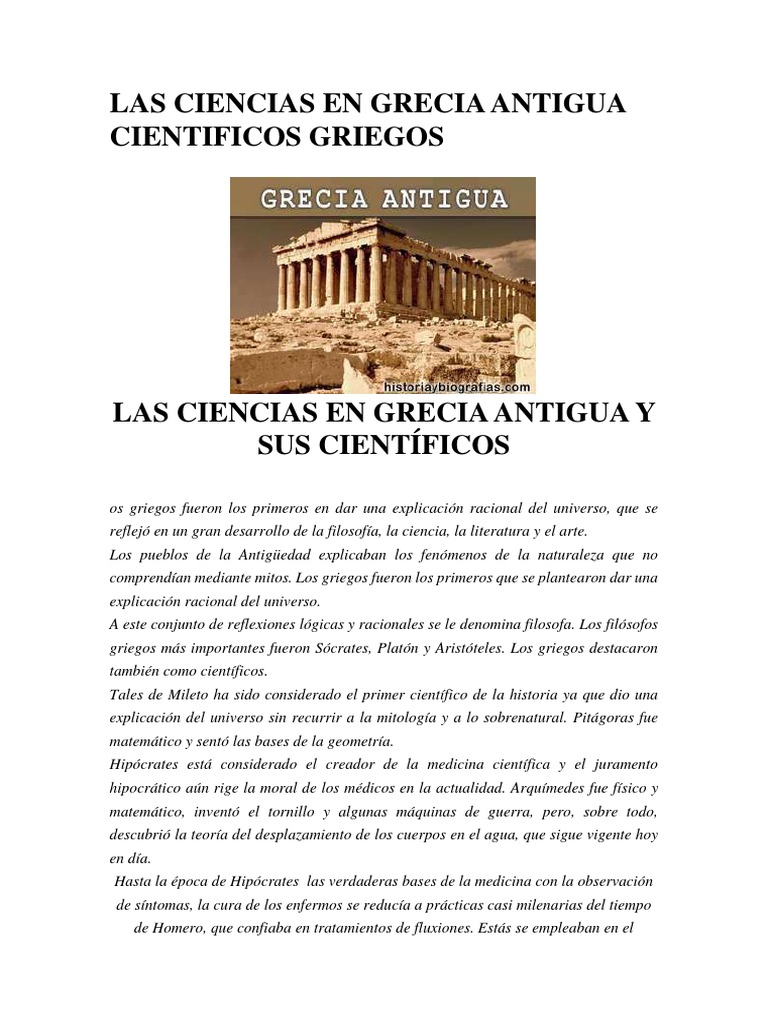 Las Ciencias en Grecia Antigua Cientificos Griegos | PDF | Antigua ...