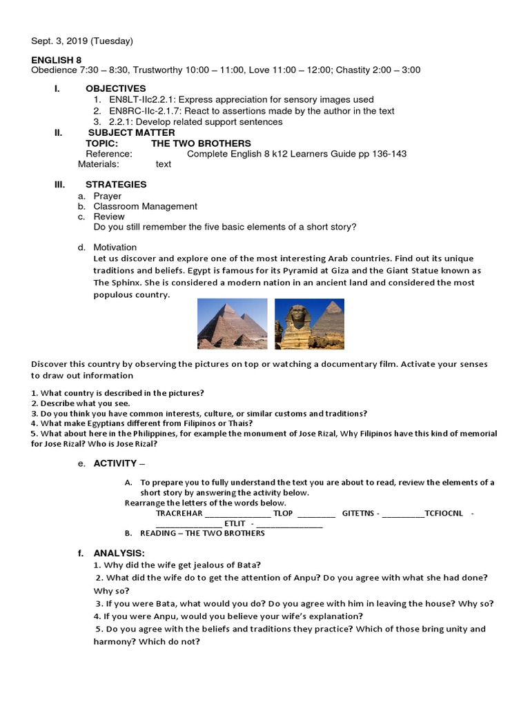 The Two Brothers Anpu and Bata Lesson Plan | PDF | Teachers | Behavior ...