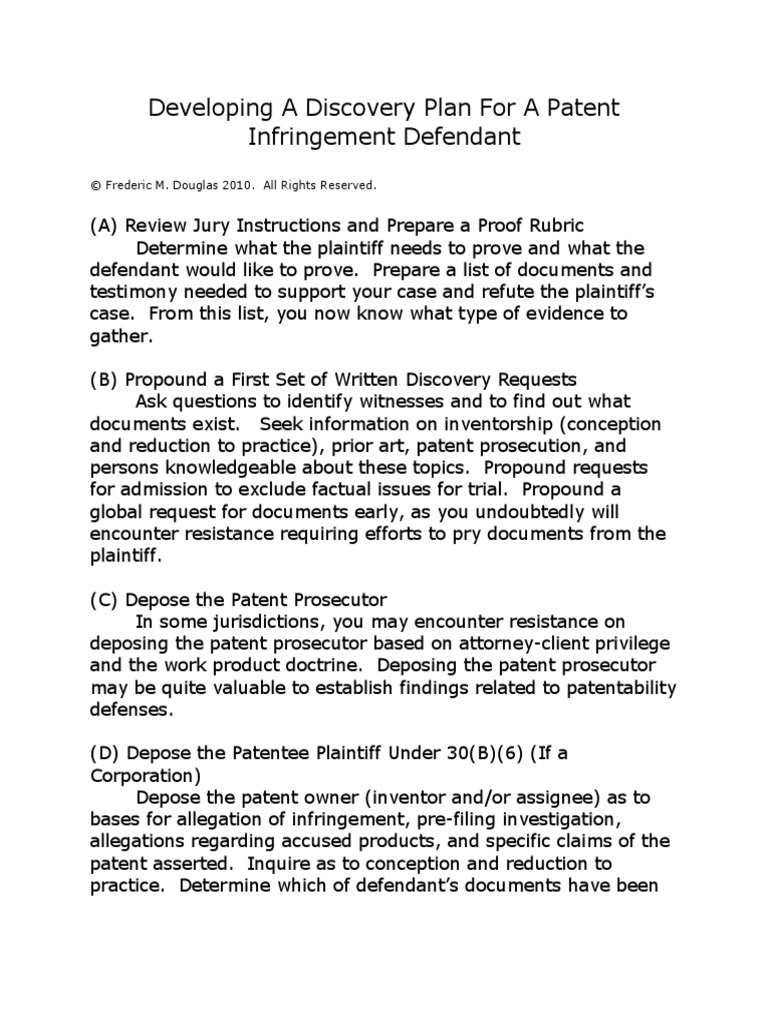 Patent Infringement Discovery Plan Guide | PDF | Discovery (Law) | Patent