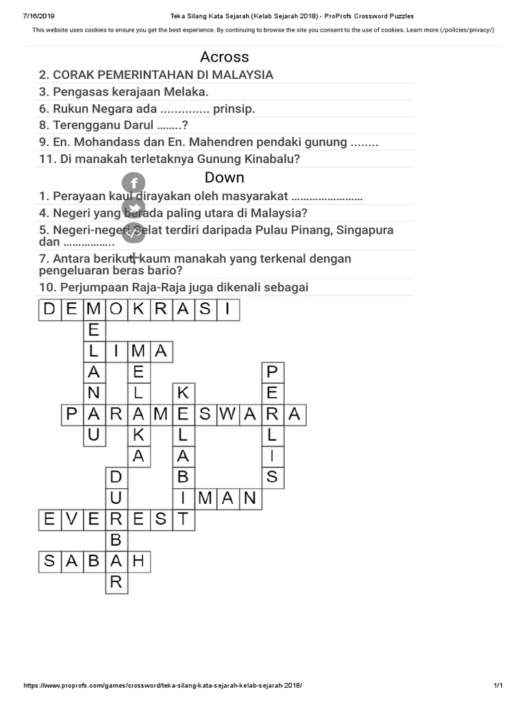 Teka Silang Kata Sejarah (Kelab Sejarah 2018) - ProProfs Crossword ...