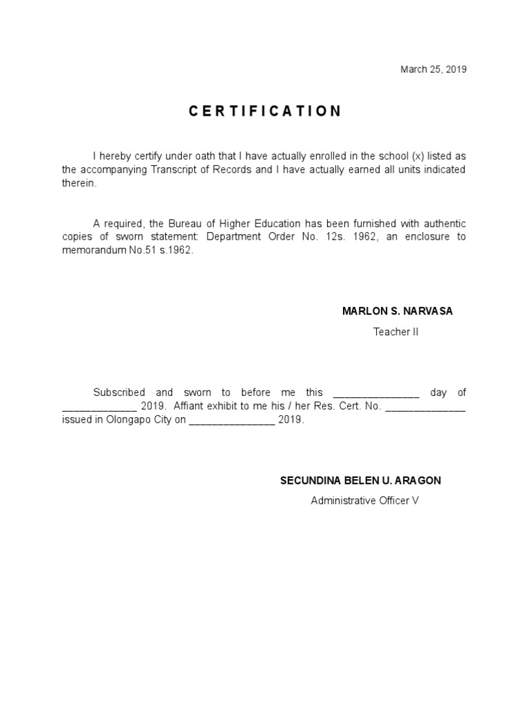 Sworn Statement ERF | PDF
