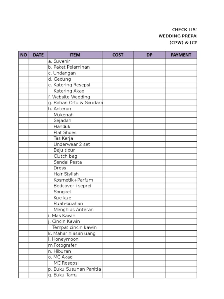 Checklist Persiapan Pernikahan Lengkap | PDF