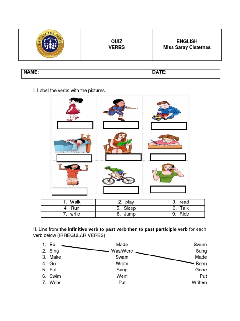 Quiz Verbs English Miss Saray Cisternas | PDF | Verb | Grammatical ...