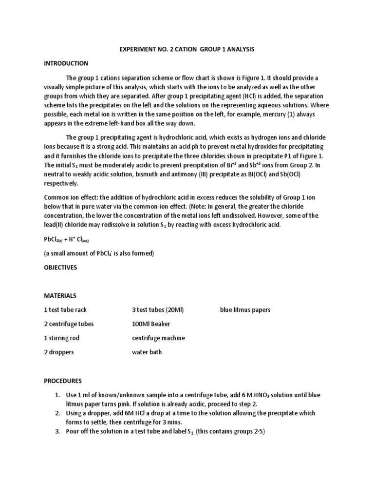 Analysis of Group 1 Cations: Separation via Precipitation with ...