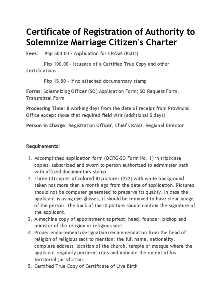 Certificate of Registration of Authority To Solemnize Marriage Citizen ...