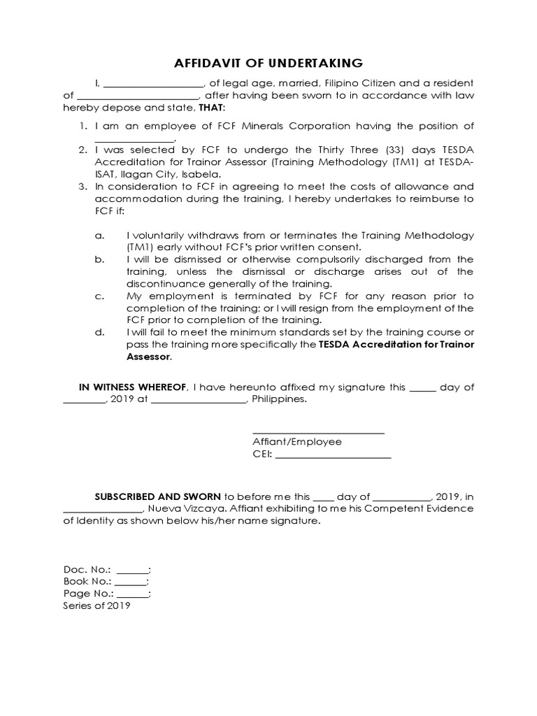AFFIDAVIT OF UNDERTAKING-Training | PDF | Affidavit | Civil Law (Common ...