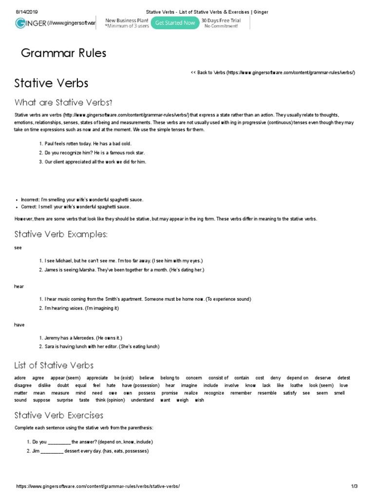 Stative Verbs - List of Stative Verbs & Exercises - Ginger | PDF ...