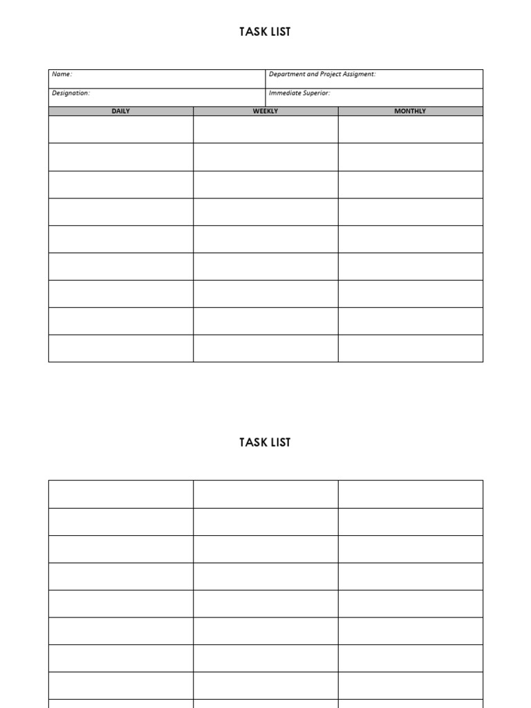 Task List: Name: Department and Project Assigment: Designation ...