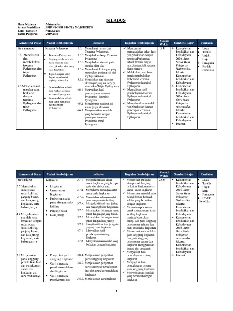 Genap 3. Silabus Matematika Kelas 8 | PDF