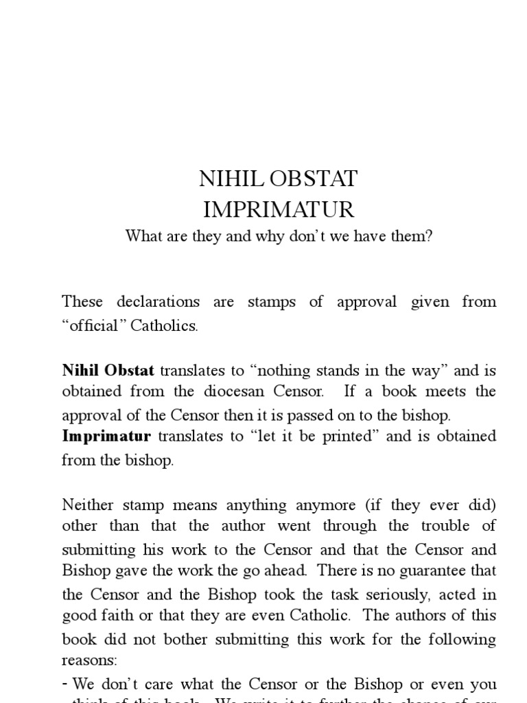 Nihil Obstat Imprimatur: Nihil Obstat Translates To "Nothing Stands in ...