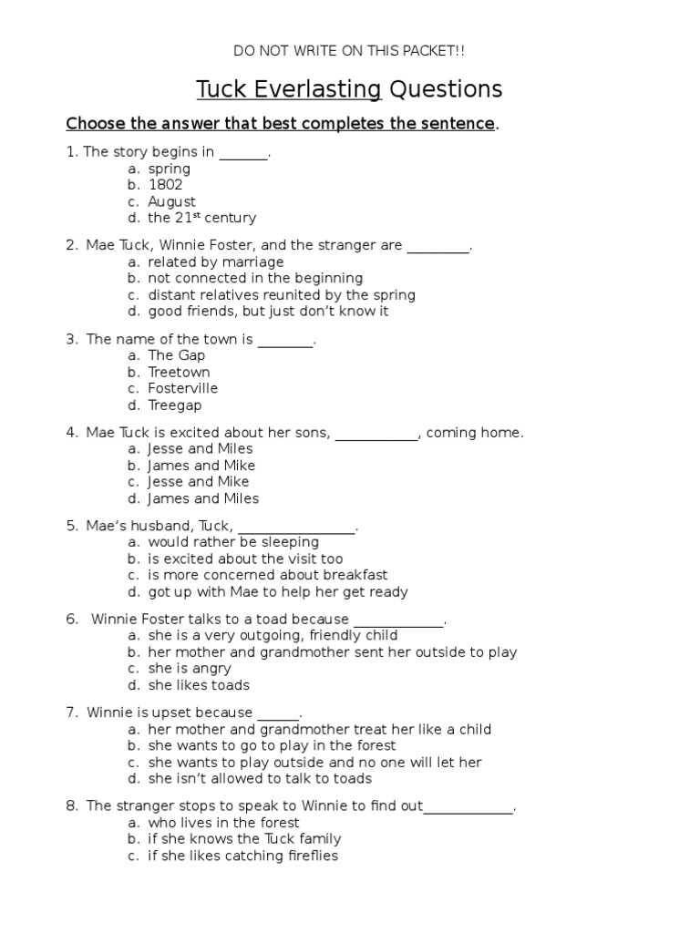 Tuck Everlasting Questions: Choose The Answer That Best Completes The ...