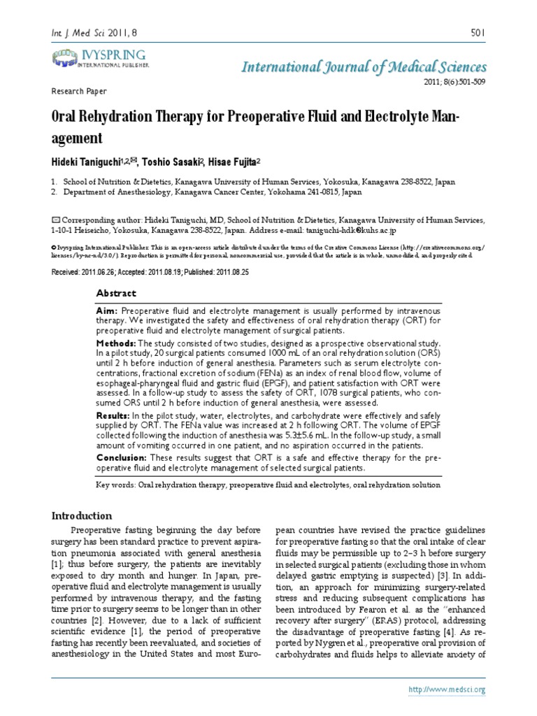 Oral Rehydration Therapy For Preoperative Fluid and Electrolyte Man ...