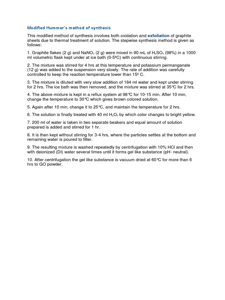 Modified Hummer's Method of Synthesis: Exfoliation | PDF