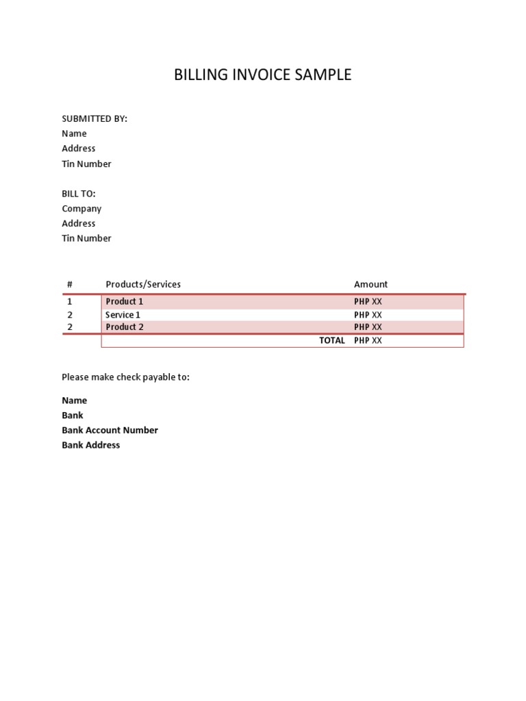 Billing Invoice Sample: Submitted By: Name Address Tin Number Bill To ...