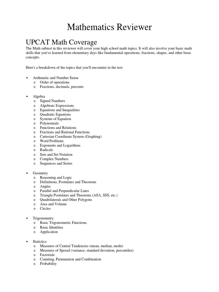 Mathematics Reviewer: UPCAT Math Coverage | PDF | Teaching Mathematics ...