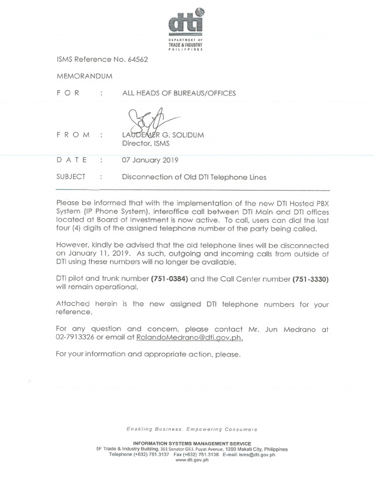 2019 - All Heads of Bureaus & Offices - Disconnection of Old Dti ...