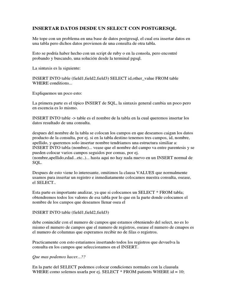 Insertar Datos Desde Un Select Con Postgresql - Varias Tablas | PDF | SQL | Tabla (base de datos)