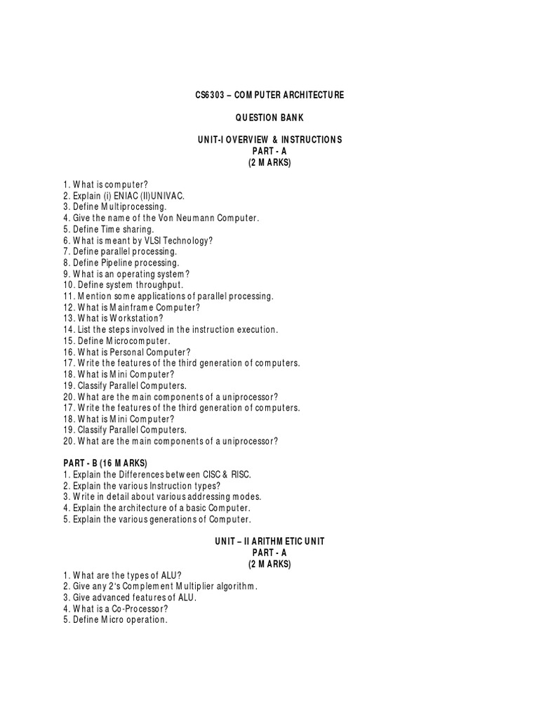 Cs6303 - Computer Architecture Question Bank Unit-I Overview & Instructions Part - A (2 MARKS ...