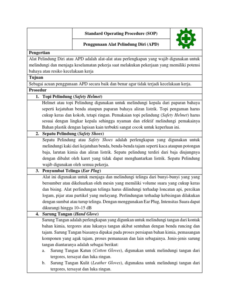 Standard Operating Procedure Penggunaan APD | PDF