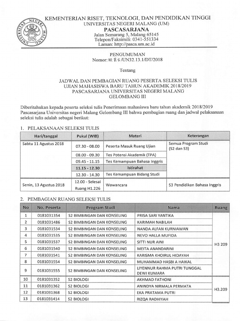 Pembagian Ruang Ujian | PDF