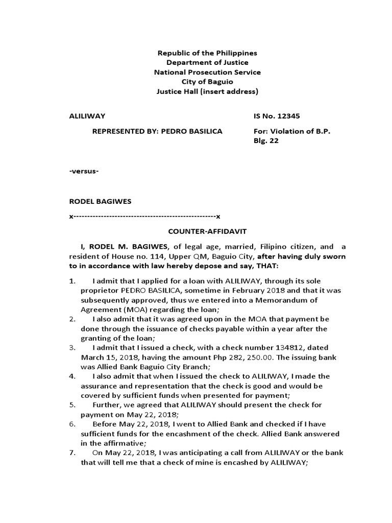 Counter-Affidavit Sample for B.P. 22 | PDF | Common Law | Social ...