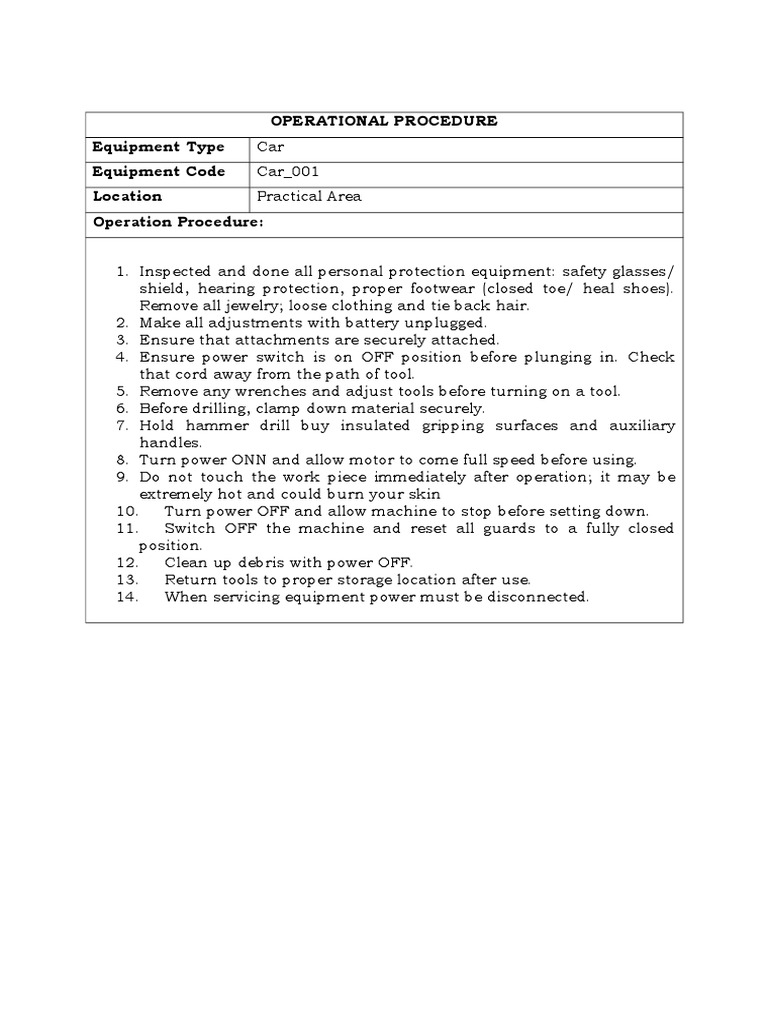 Operational Procedure Equipment Type Equipment Code Location Operation ...