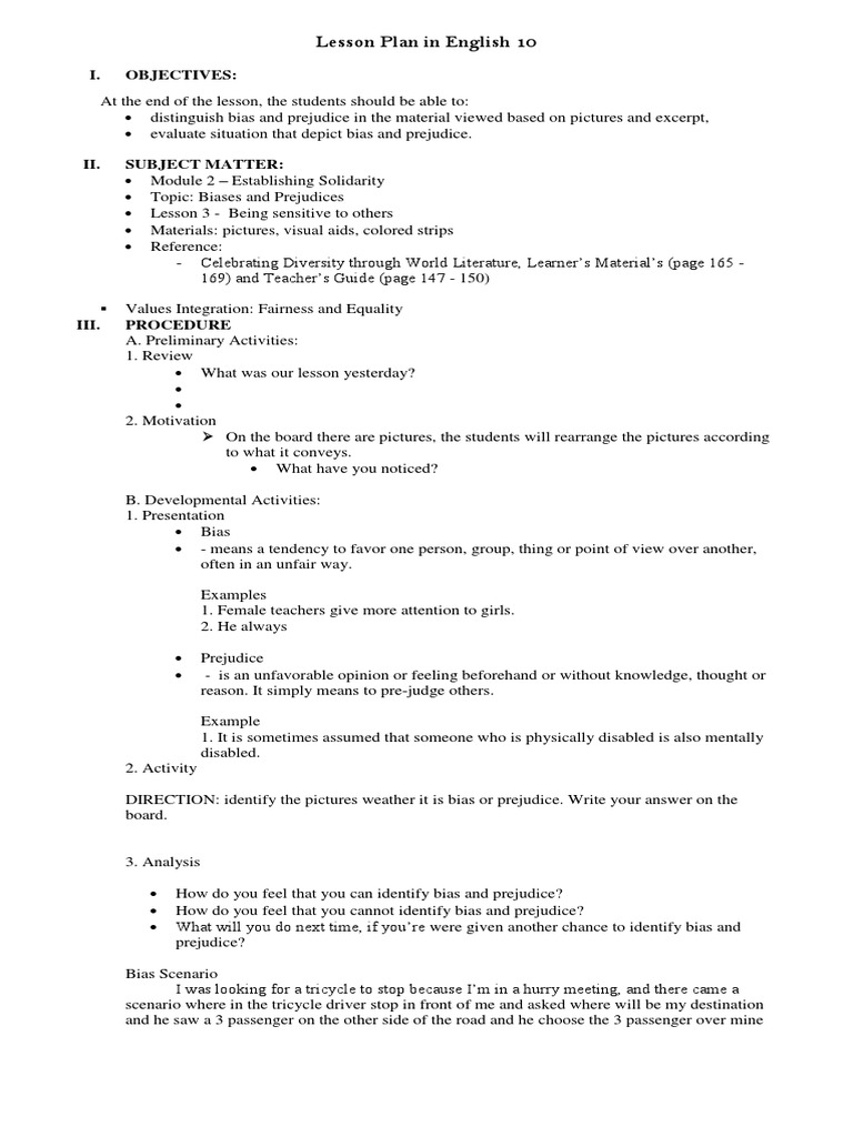Grade 9 Lesson Plan: Bias and Prejudice | PDF | Bias | Prejudices