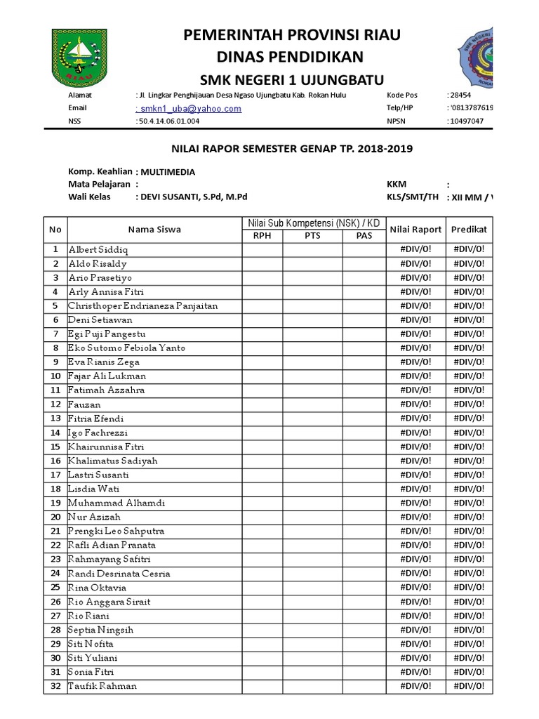 Rapor Semester Genap SMK Negeri 1 Ujungbatu 2018-2019 | PDF