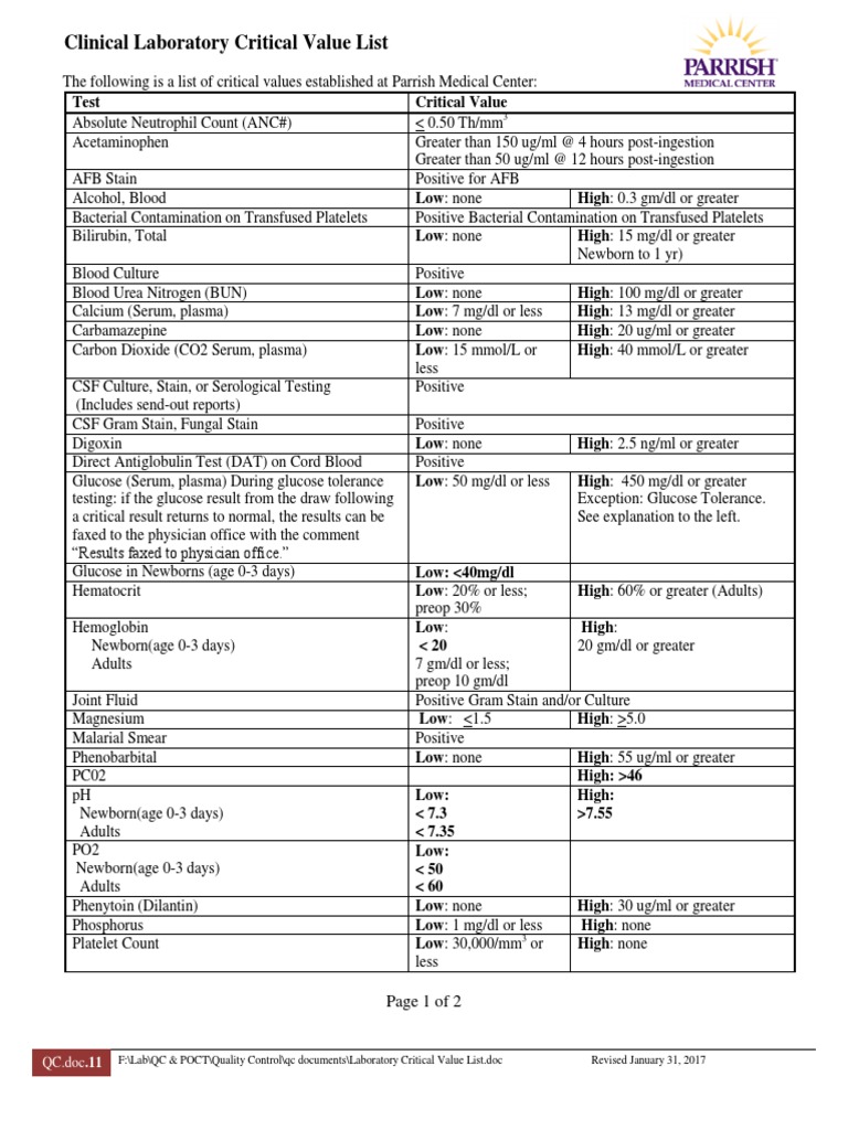 Clinical Laboratory Critical Value List: Page 1 of 2 | PDF | Blood ...