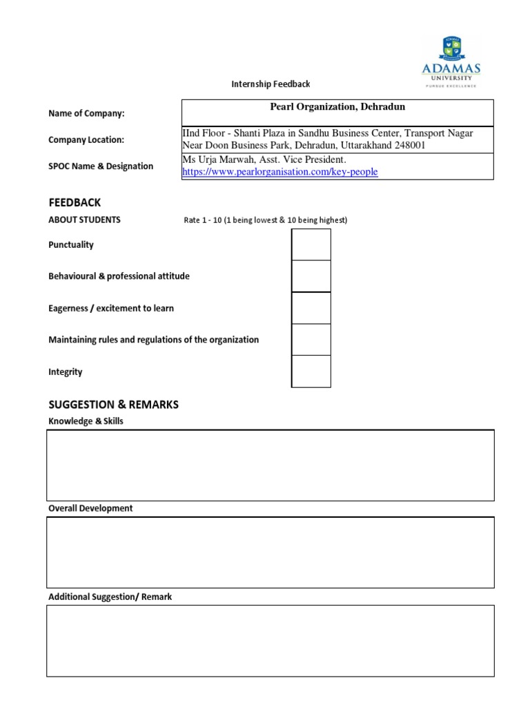 Internship Feedback Form Template | PDF | Career & Growth | Self ...