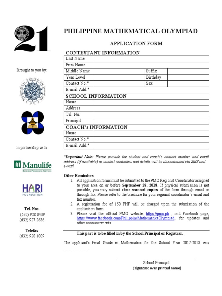 Philippine Mathematical Olympiad: Application Form Contestant ...