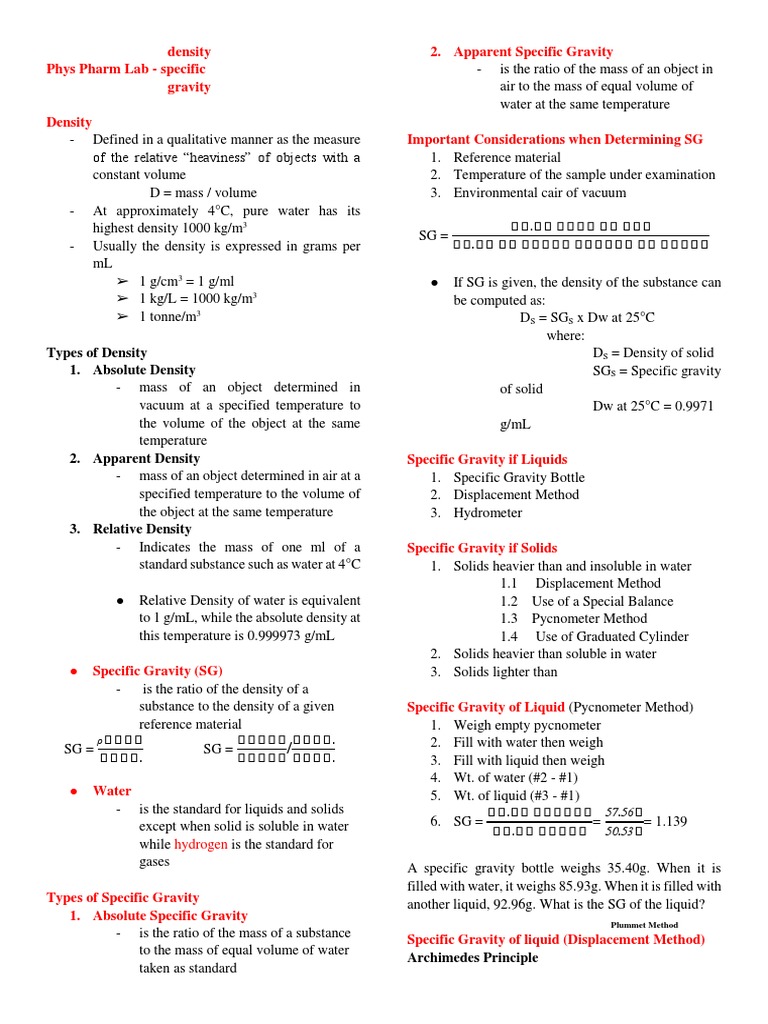 Density and Specific Gravity Methods | PDF | Density | Physical Quantities