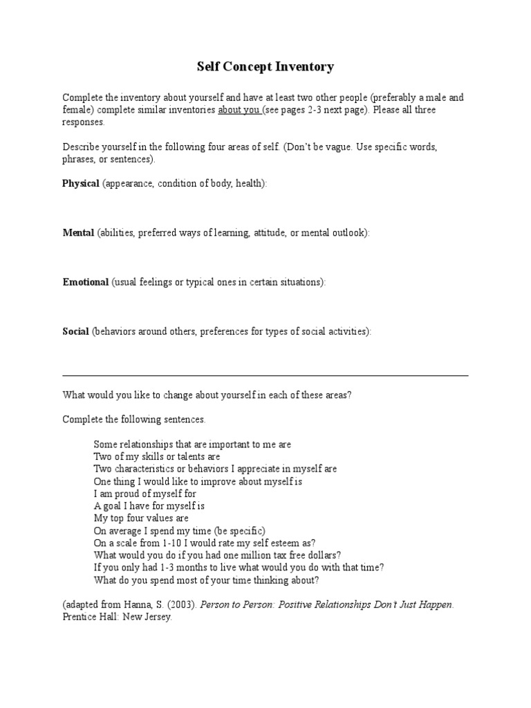Self Concept Inventory Guide | PDF | Self Concept | Attitude (Psychology)