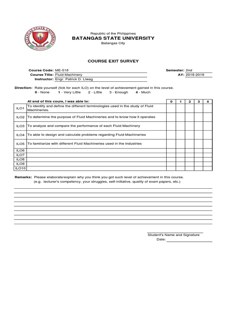 Batangas State University: Course Exit Survey | PDF