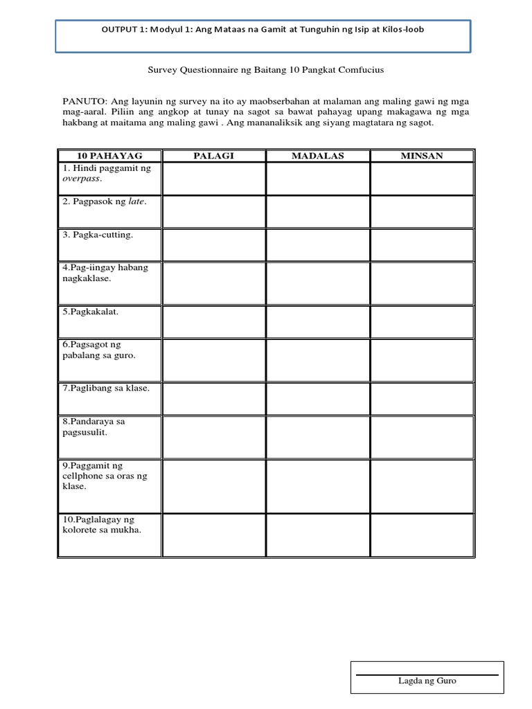 Survey Questionnaire NG Esp 10 Modyul1 | PDF