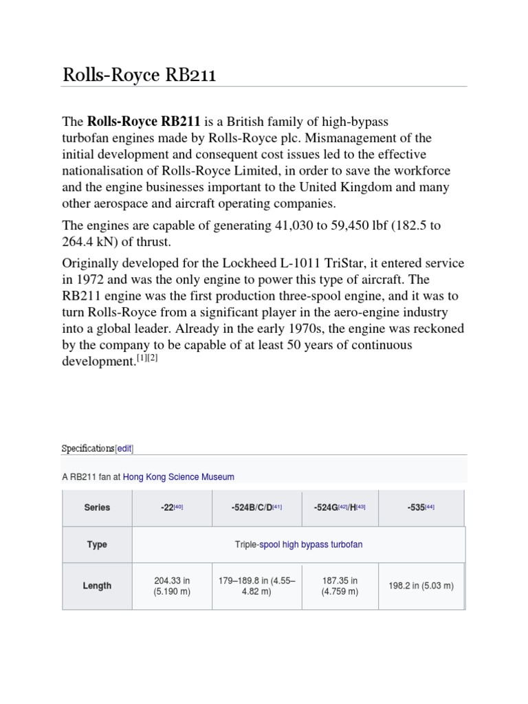 Rolls-Royce RB211: Specifications | PDF | Vehicle Technology | Engines
