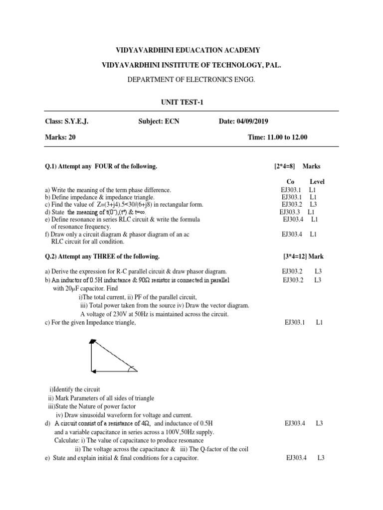 Electronics Engg. Unit Test | PDF | Electrical Impedance | Series And ...
