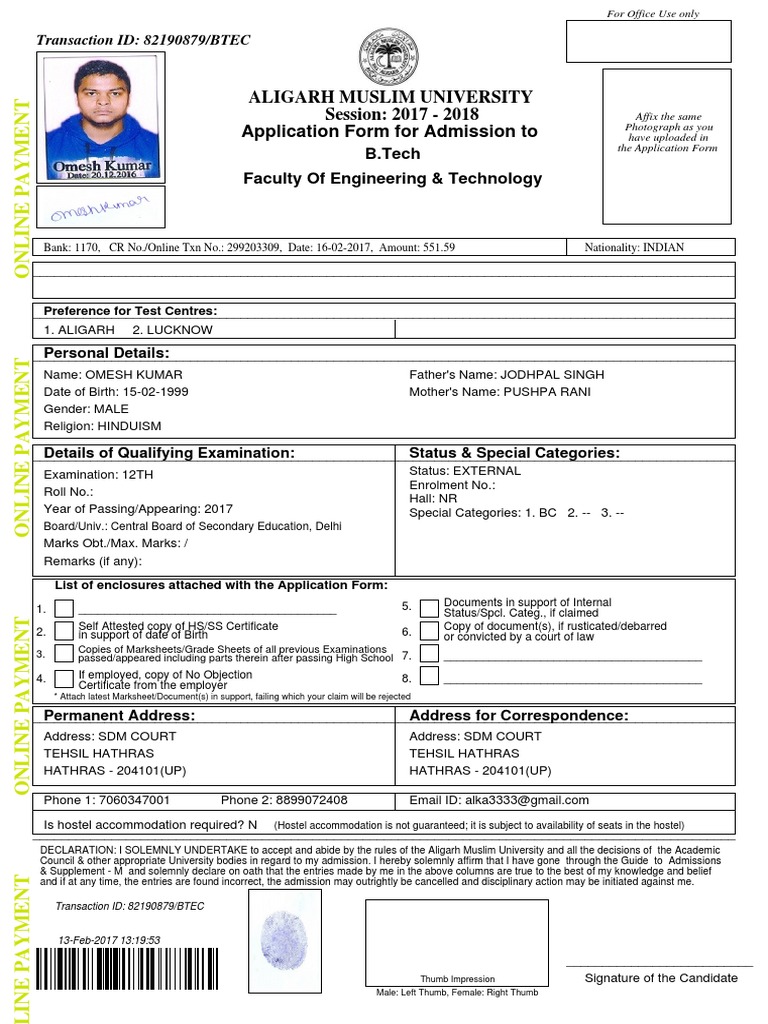 B.tech AMU Form | PDF | Mail | Social Institutions