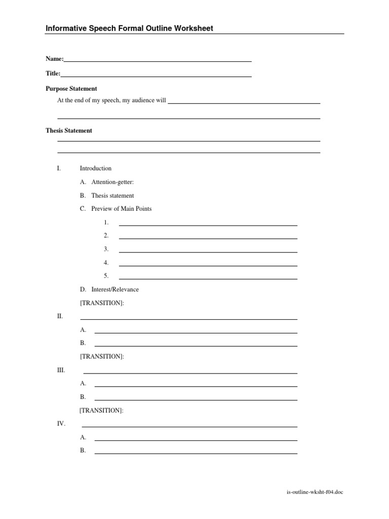 Speech Outline Worksheet PDF | PDF