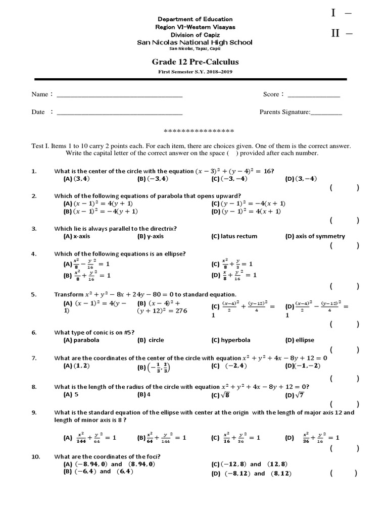 Pre-Calculus Exam 2019-2020 | PDF | Geometric Shapes | Manifold