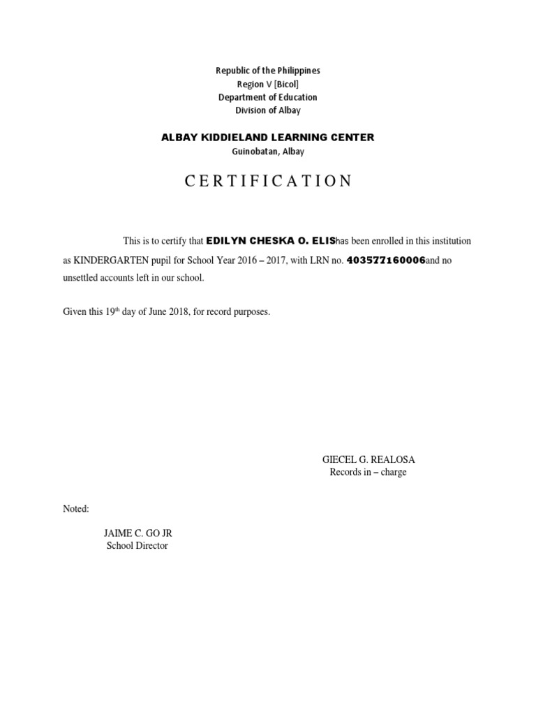 LRN Certificate FORMAT | PDF
