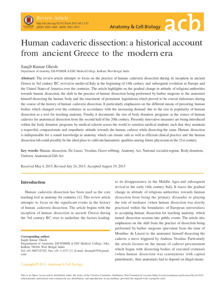 Human Cadaveric Dissection: A Historical Account From Ancient Greece To ...