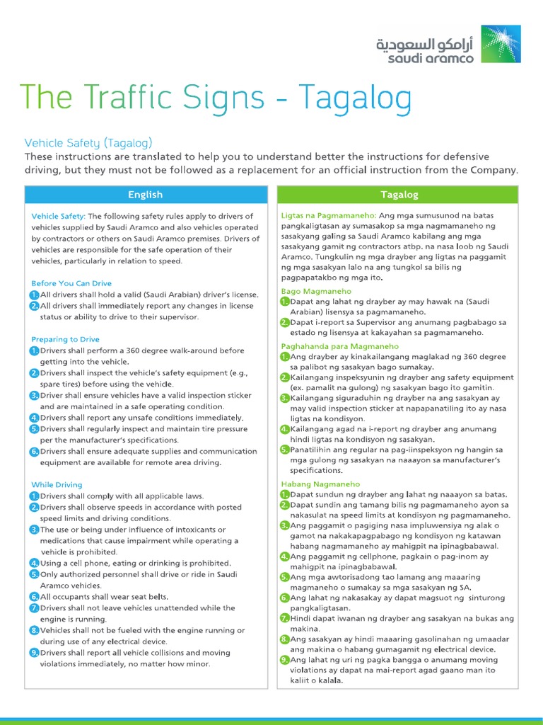 Traffic Signs Layout Tagalog | PDF