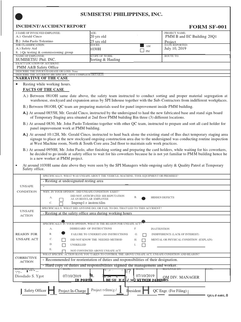 Sumisetsu Philippines, Inc. FORM SF-001: Incident/ Accident Report ...